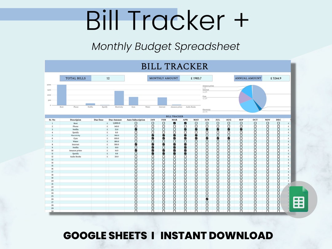 Yearly Bill Tracker Google Sheets Spreadsheet Template, Monthly Budget ...