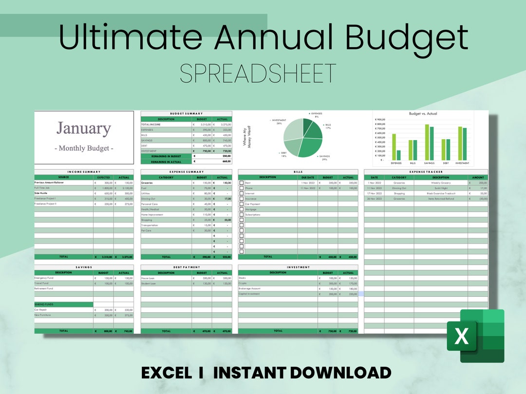 Annual Budget Spreadsheet Planner Excel, Monthly Expense Tracker Google ...