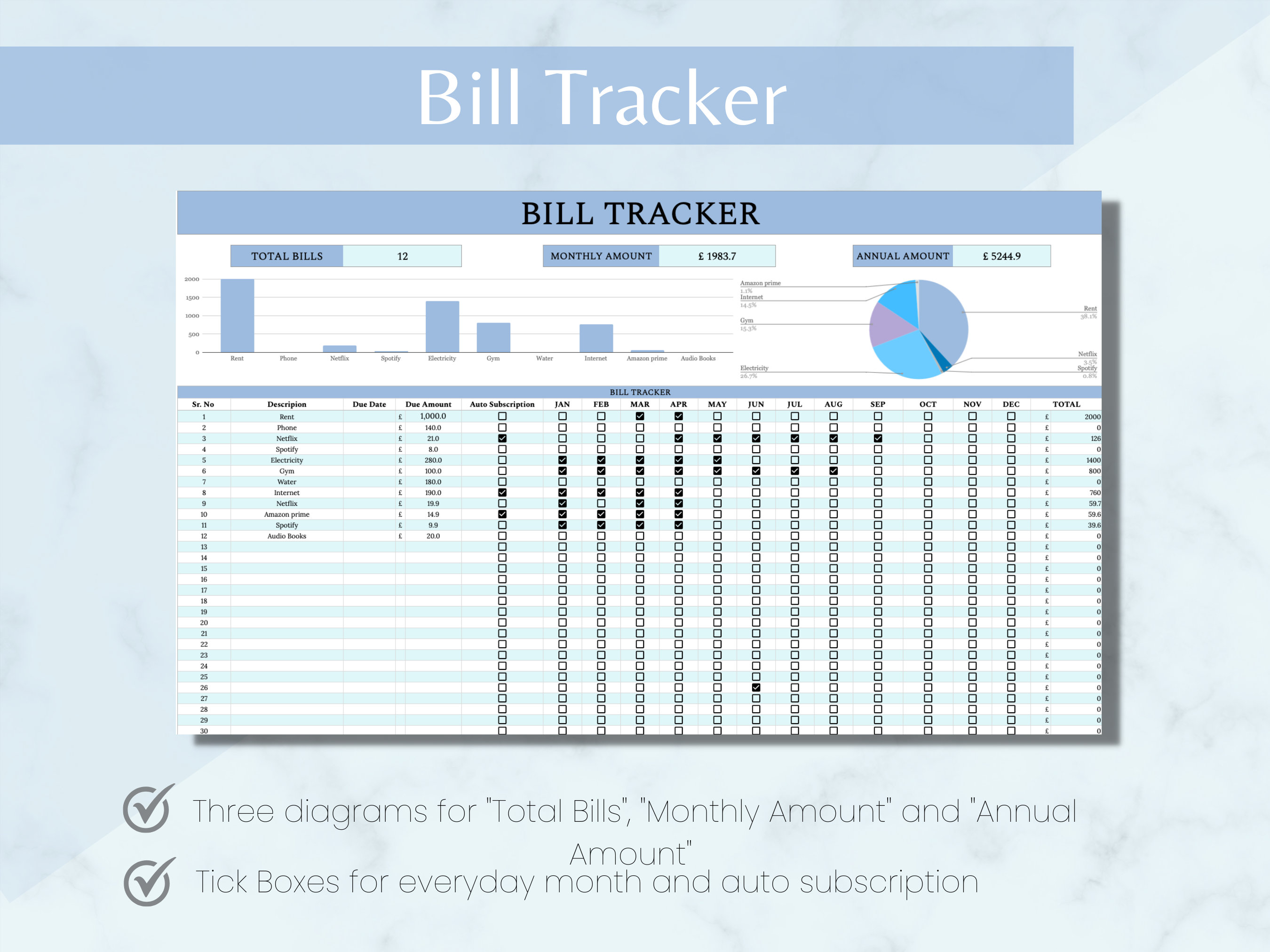 Yearly Bill Tracker Google Sheets Spreadsheet Template, Monthly Budget ...