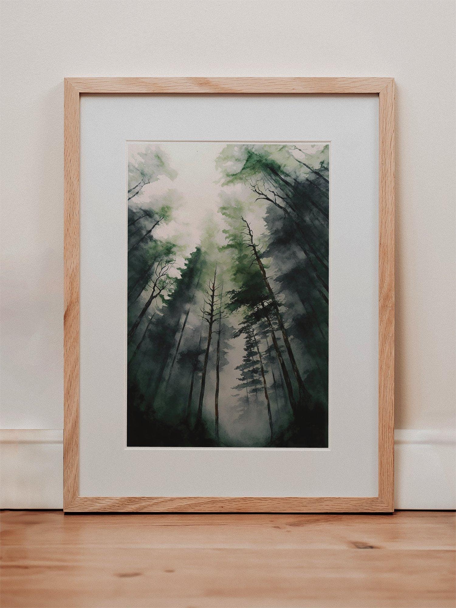 Foggy Trees Watercolor Painting Forest Landscape Art Green Nature Wall ...