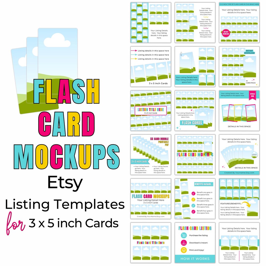 Flashcard Colorful Mockup, 3x5 Inch Printable Card Mock Up, Digital ...