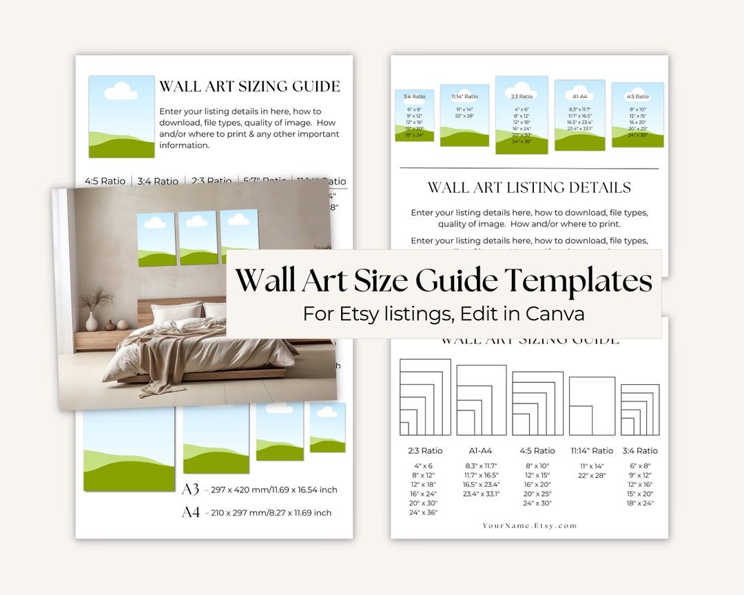 Bedroom Wall Art Sizing, Poster Size Chart Mockup, Digital Wall Art ...