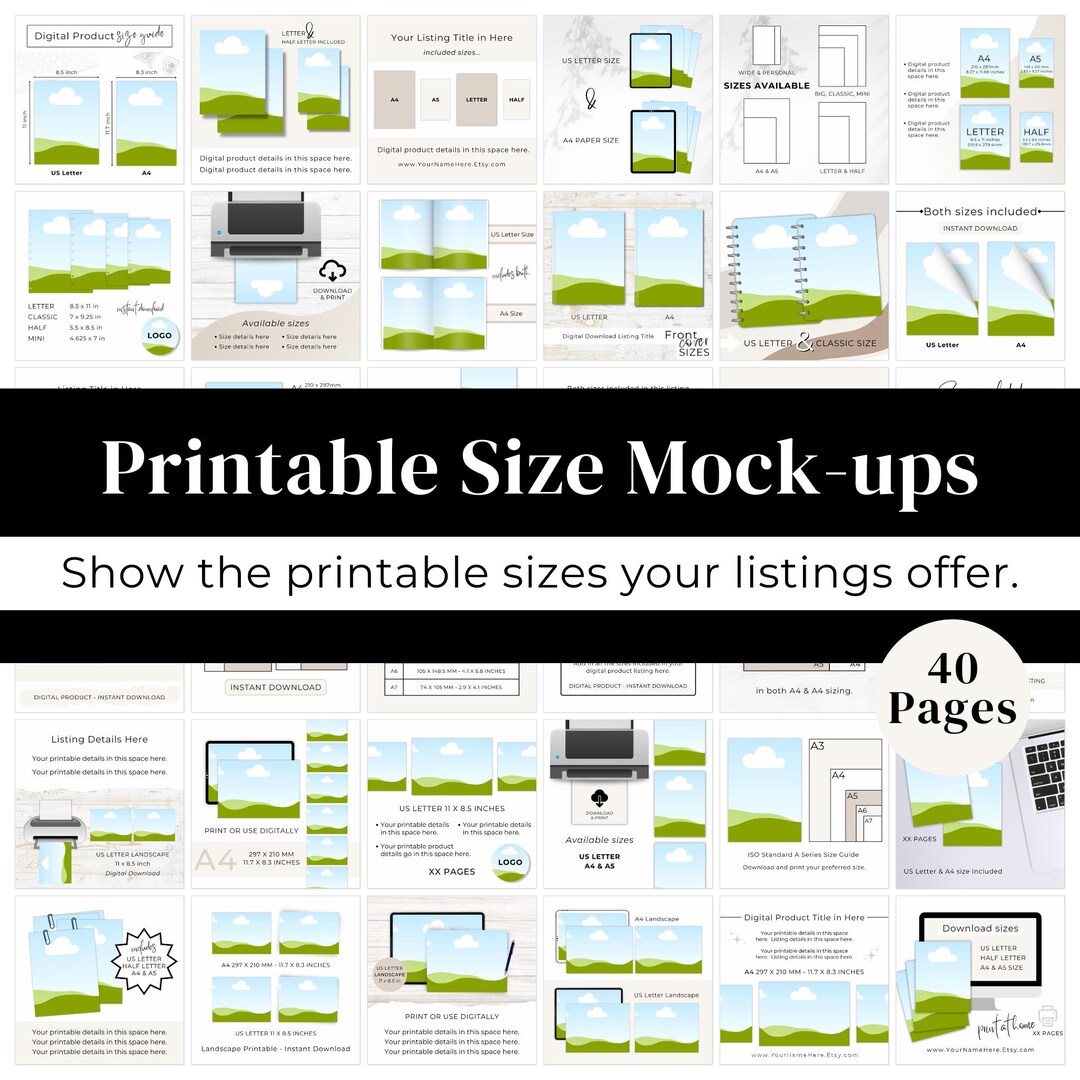 Digital Download Size Guide, US Letter A4 Mockup, Print Size Comparison ...