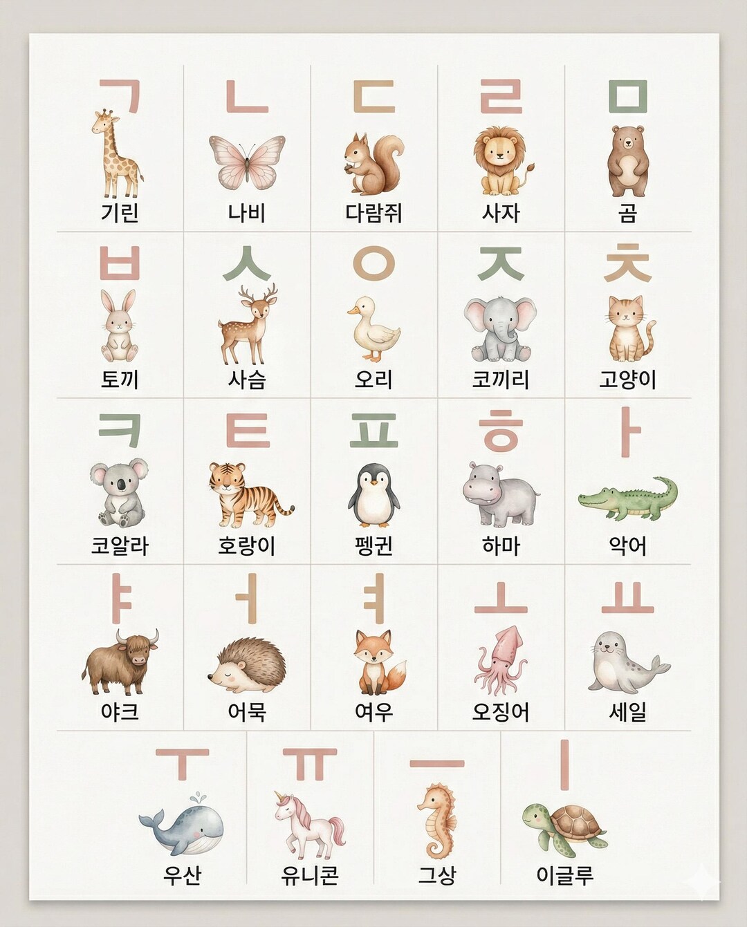 Korean Alphabet Poster for Kids | Watercolor Animal Hangul Chart ...