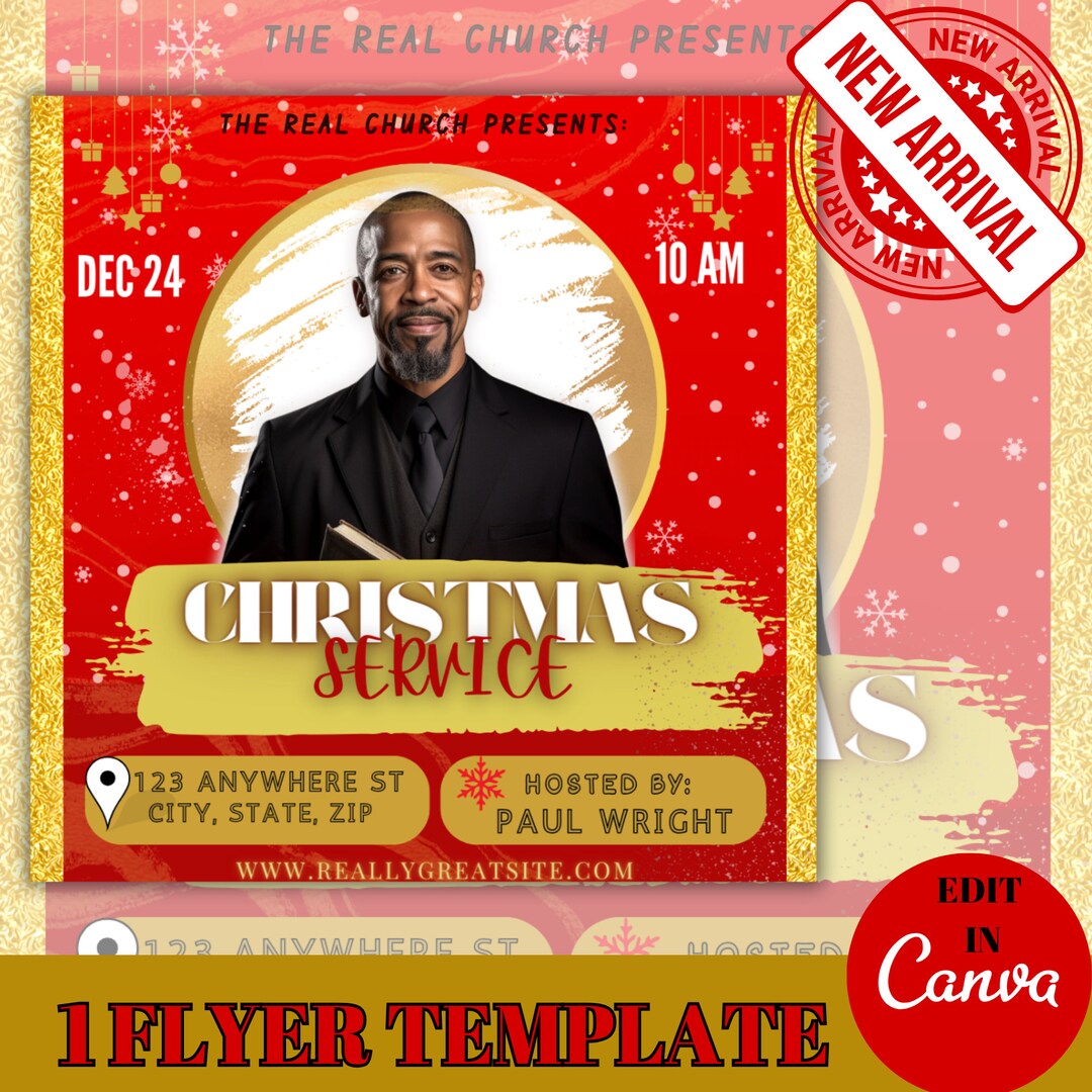 Christmas Service Church Flyer Template, Red and Gold (canva Editable ...