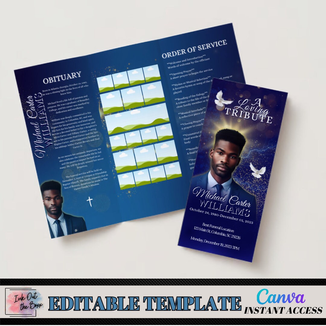 Blue Starry Night Obituary Template, Trifold Memorial (canva Editable ...