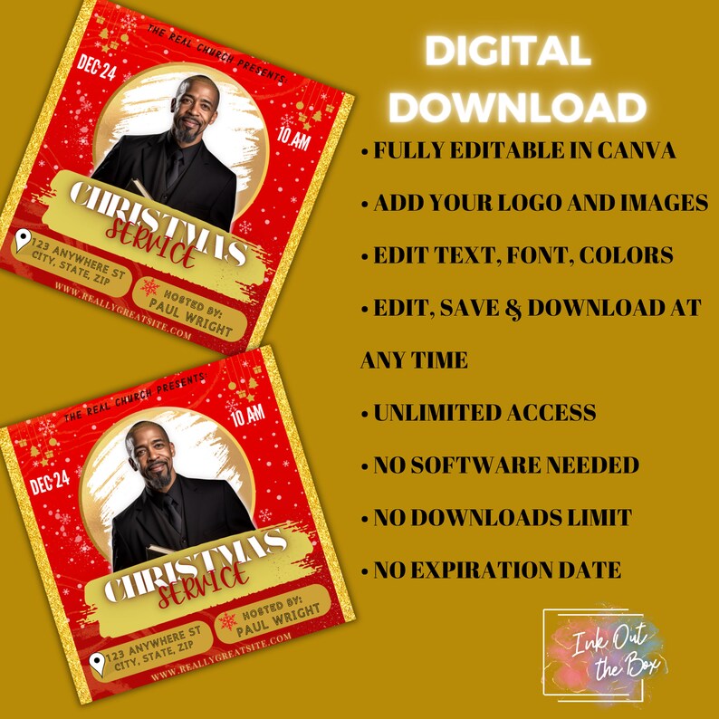 Christmas Service Church Flyer Template, Red and Gold (canva Editable ...