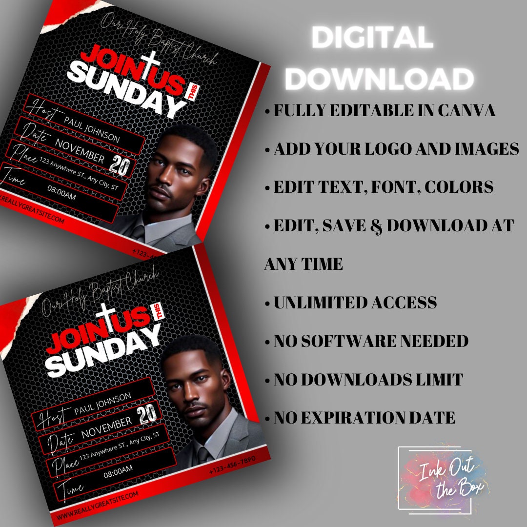 Sunday Service Church Flyer, Black and Red, Editable in Canva Template ...
