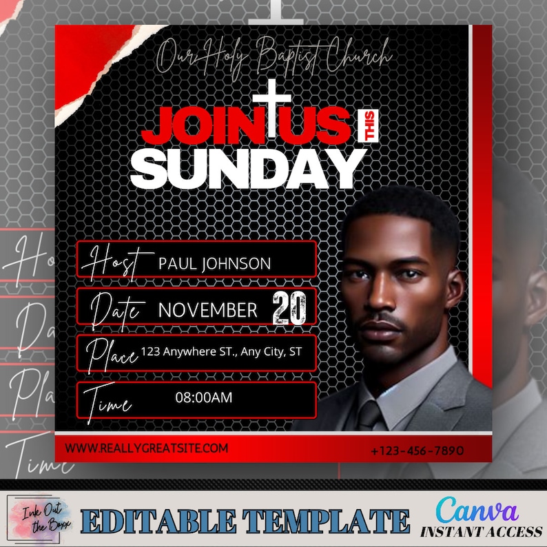 Sunday Service Church Flyer, Black and Red, Editable in Canva Template ...