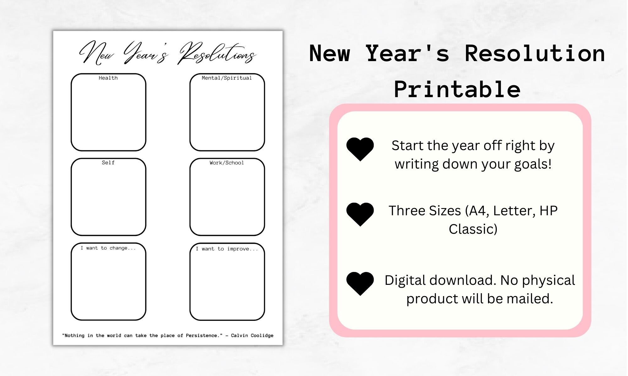 New Year's Resolution Sheet Printable, Digital Download, Self ...