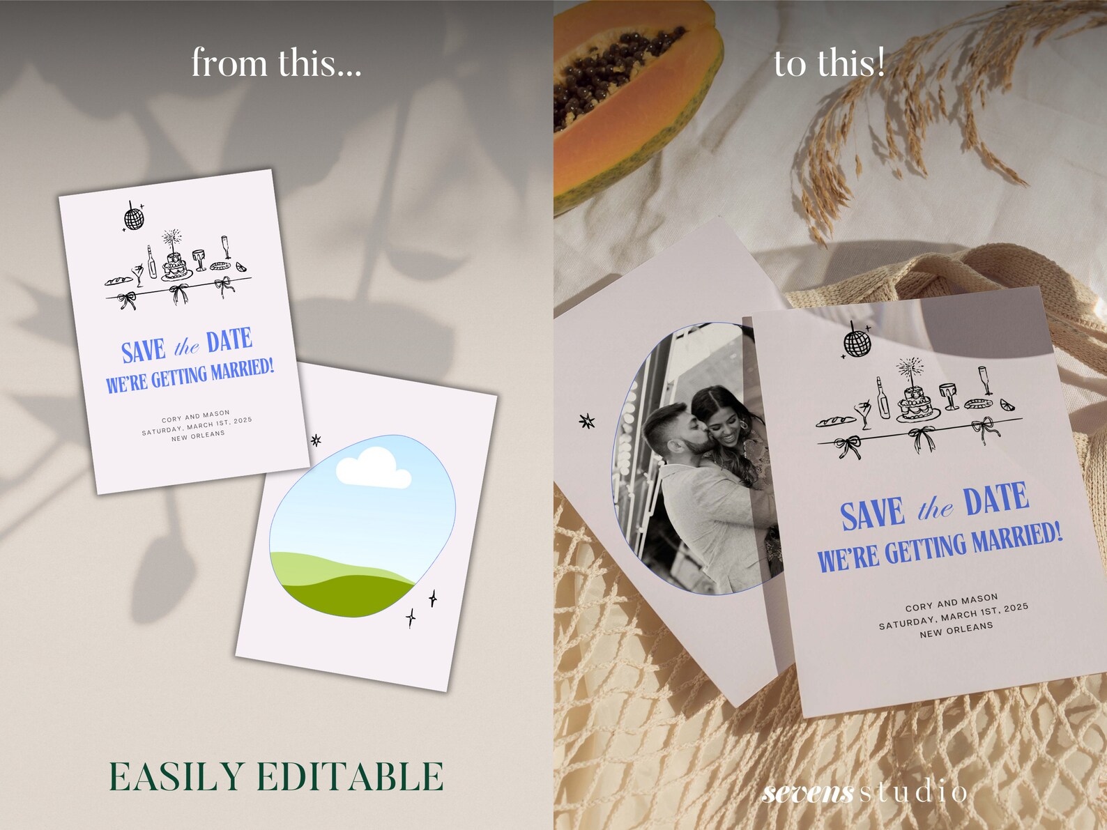 Illustrated Save the Date Template | Trendy Bows, Cake, Champagne ...