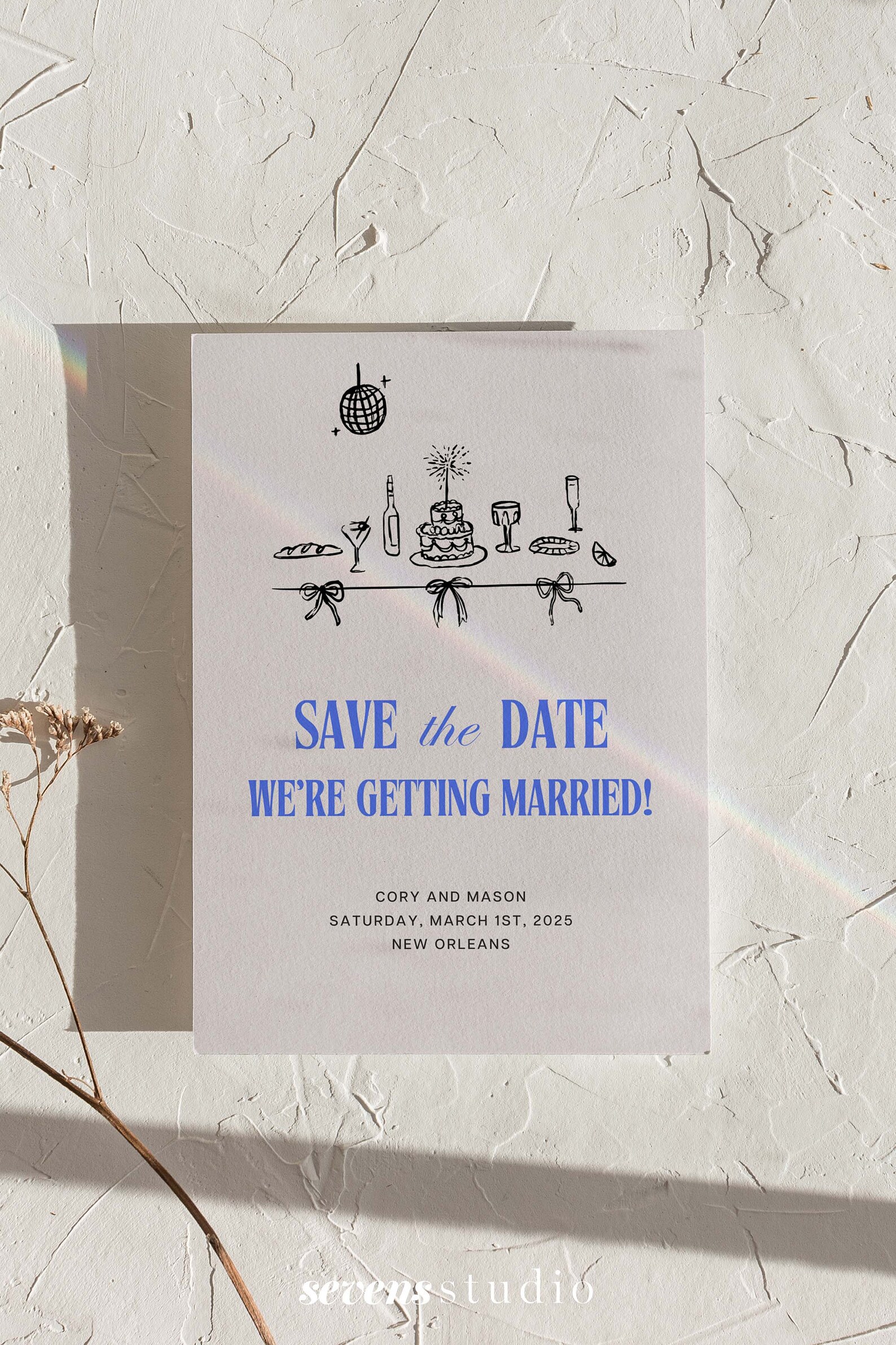 Illustrated Save the Date Template | Trendy Bows, Cake, Champagne ...