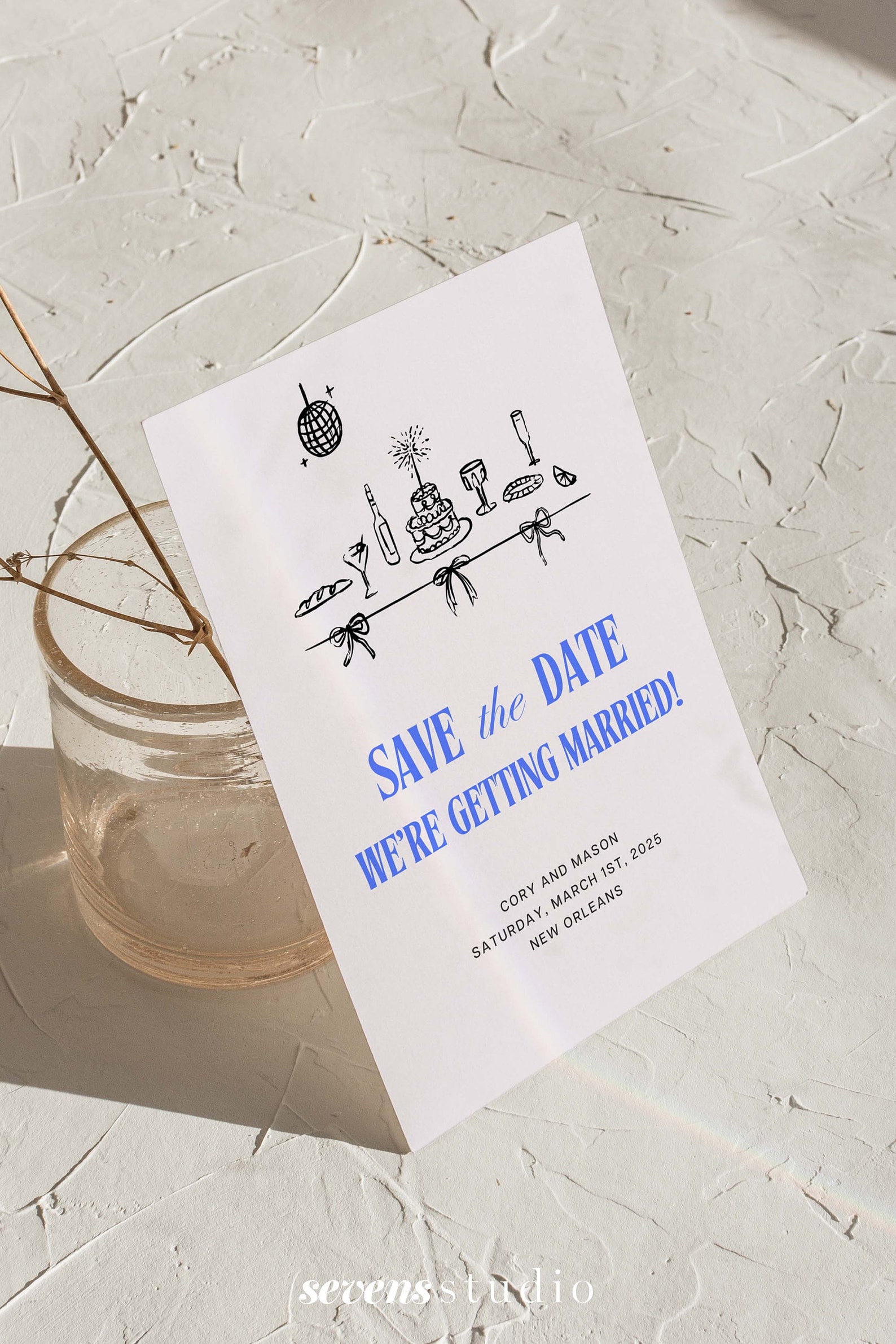 Illustrated Save the Date Template | Trendy Bows, Cake, Champagne ...