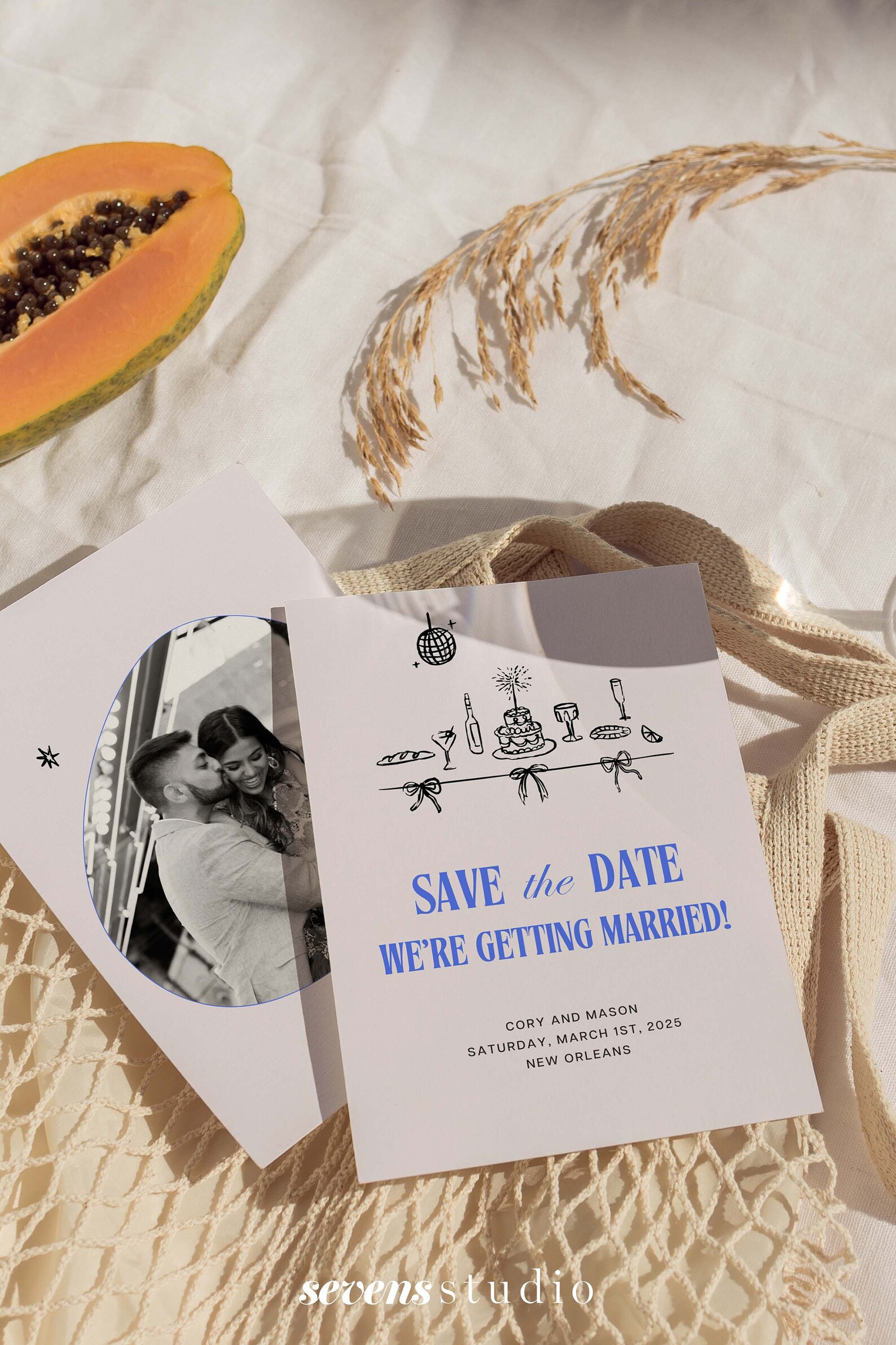 Illustrated Save the Date Template | Trendy Bows, Cake, Champagne ...