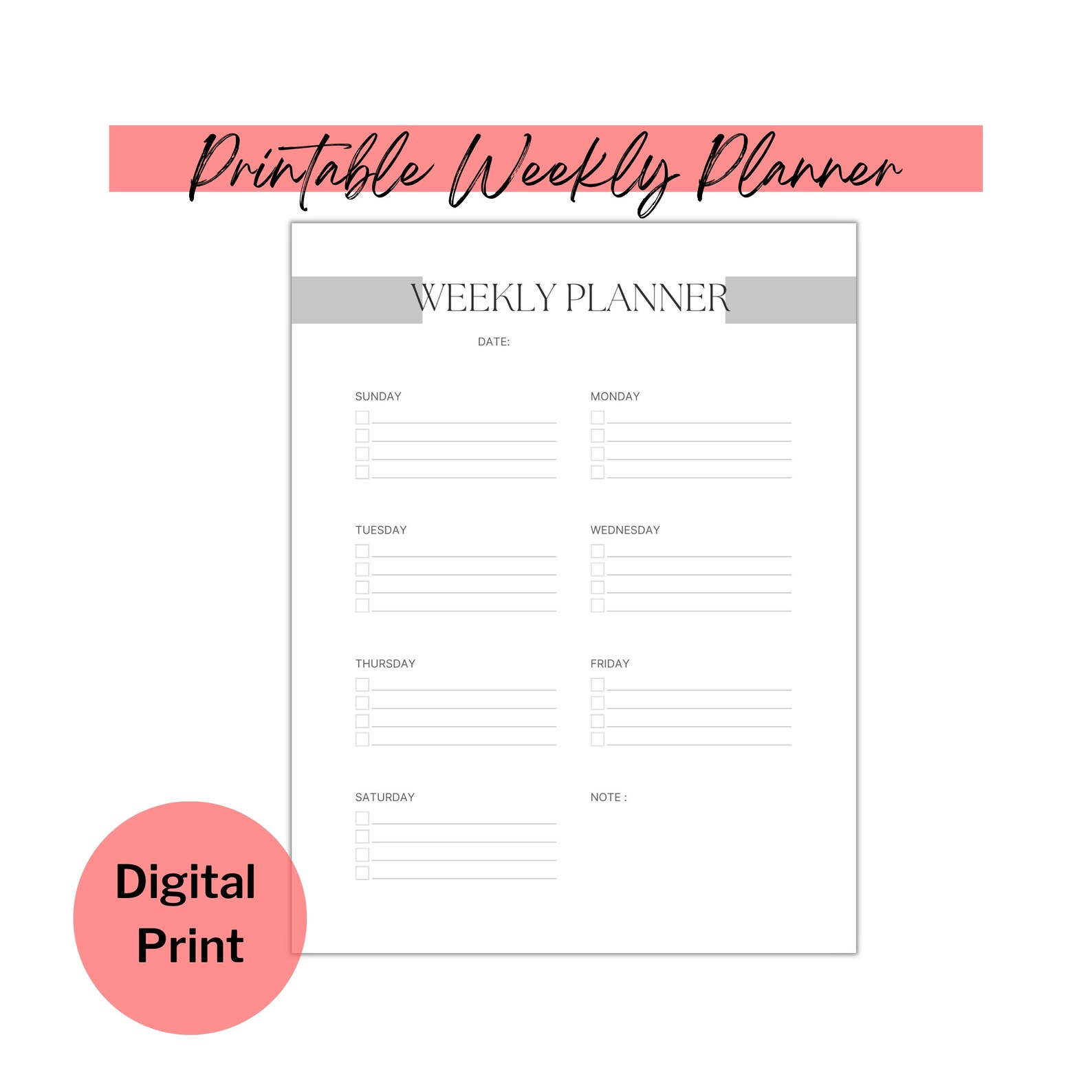 Simple Weekly Planner Printable, Weekly Schedule, Weekly Organizer ...