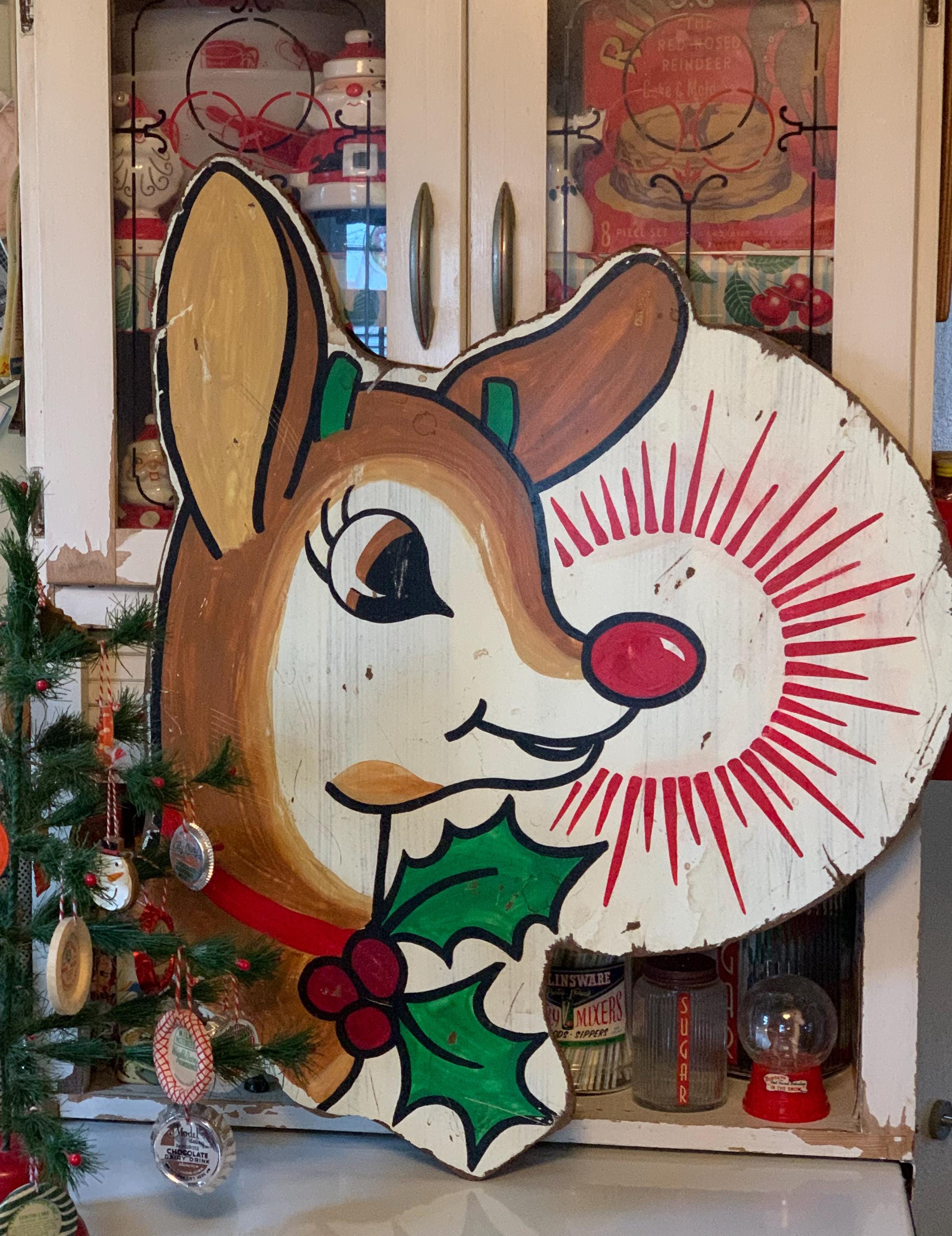 Vintage Style Rudolph Christmas Sign Hand Painted Red Nosed Reindeer ...