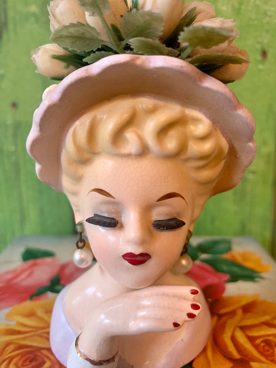 Vintage Inarco 1963 E-774 Mini Lady Head Vase Original Flower Bouquet ...