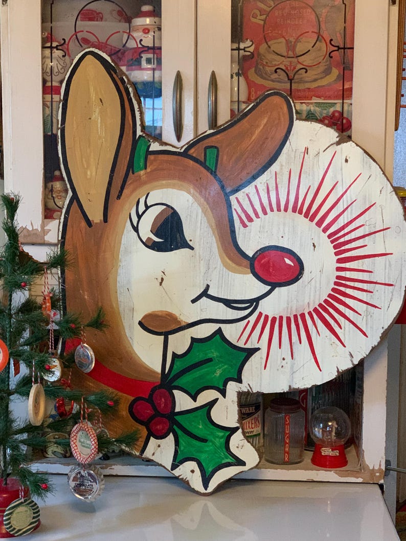 Vintage Style Rudolph Christmas Sign Hand Painted Distressed Red Nosed ...