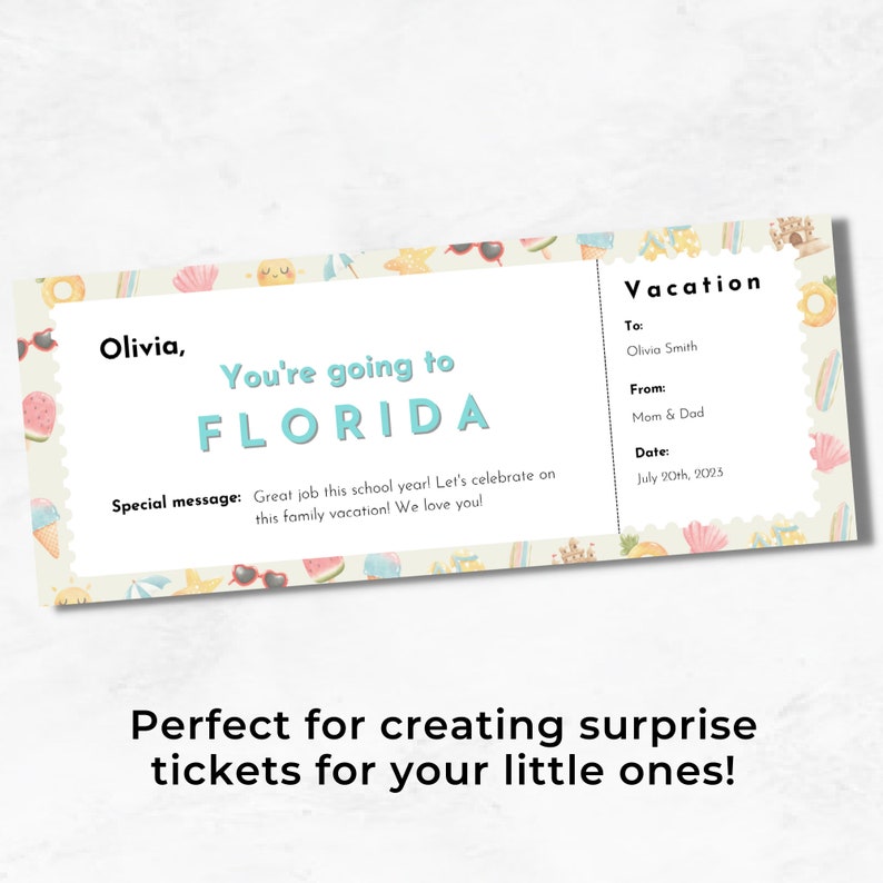 Trip Ticket Template for Kids, Editable Surprise Vacation Gift ...