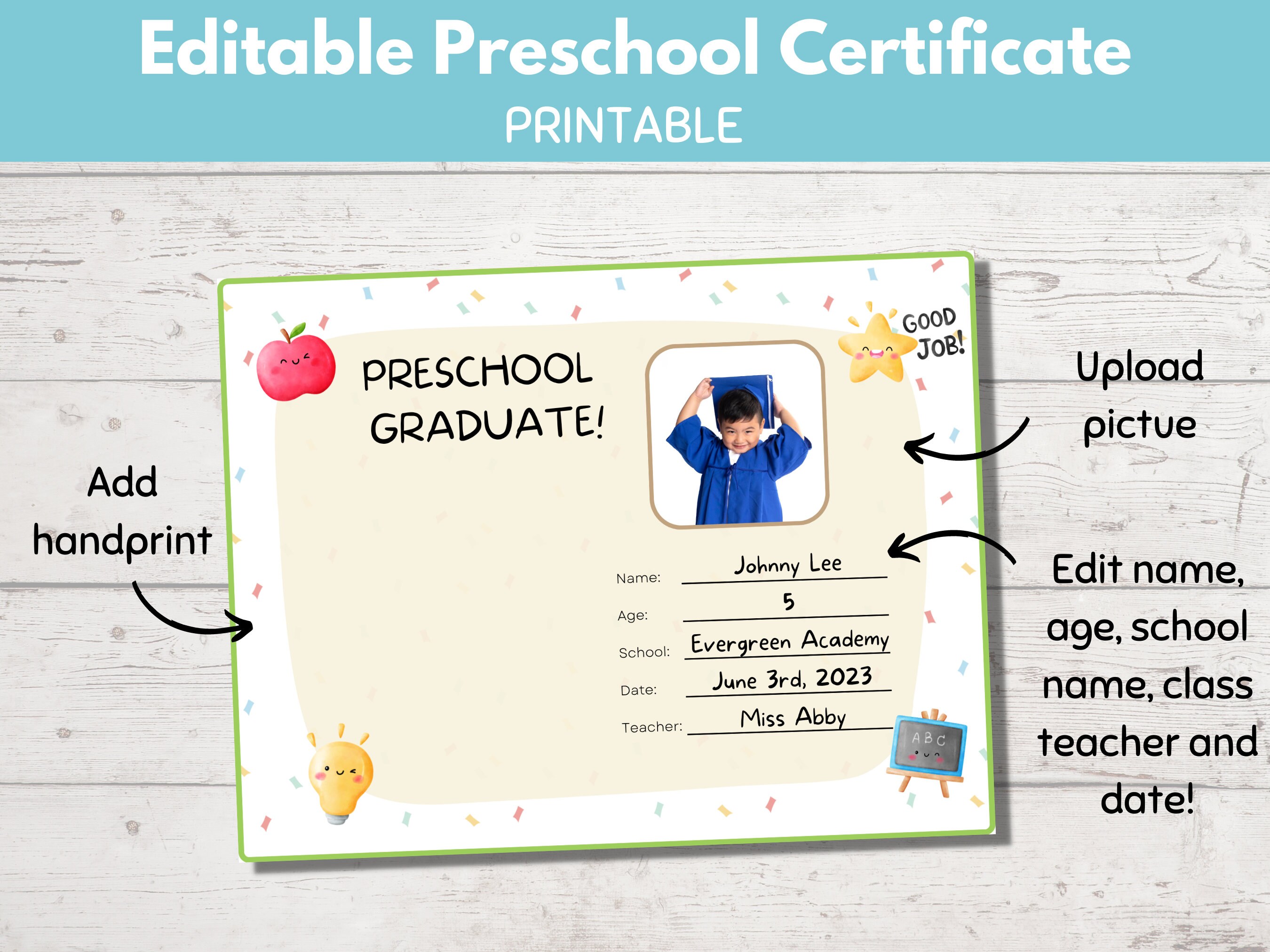 Editable Preschool Graduation Certificate, Handprint DIY Pre-k ...