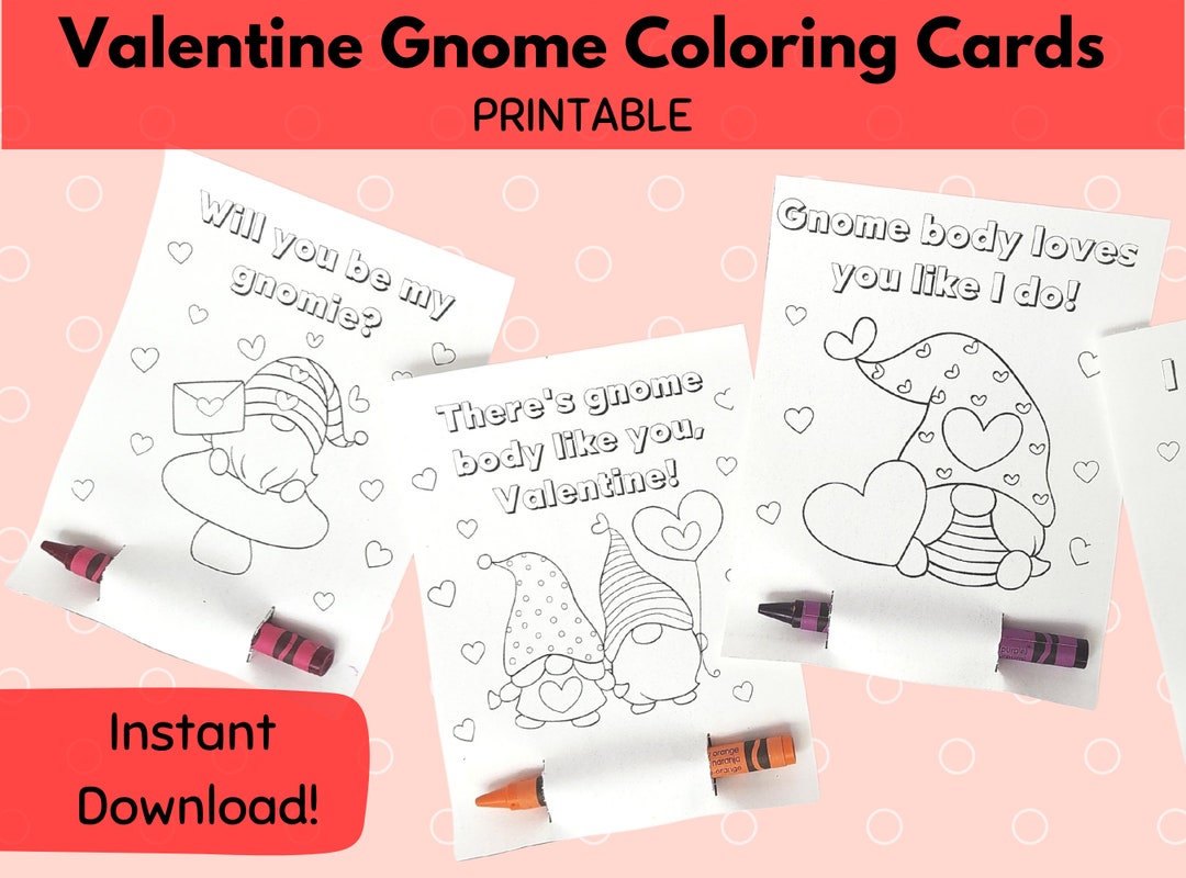 Valentine Gnome Coloring Card Printable, Crayon Cards, Valentine Cards ...