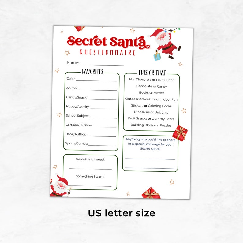 Secret Santa Questionnaire Kids Printable, Teacher Secret Santa Survey ...