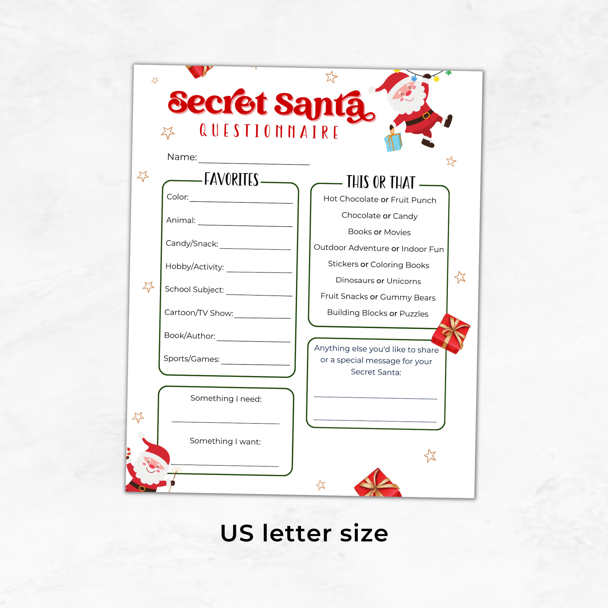 Secret Santa Questionnaire Kids Printable, Teacher Secret Santa Survey ...