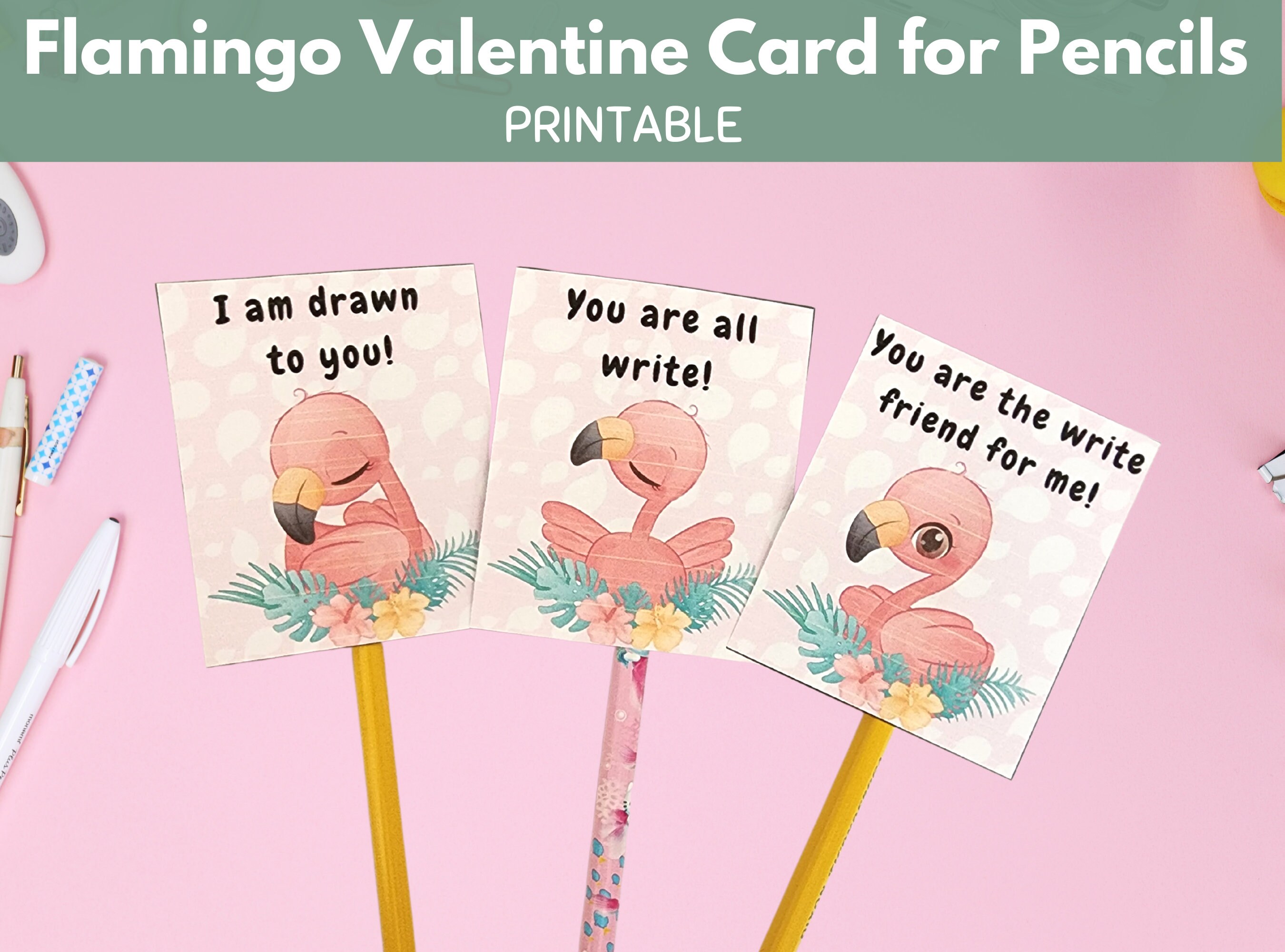 Flamingo Valentine Cards Printable for Pencils, DIY Valentine Cards for ...