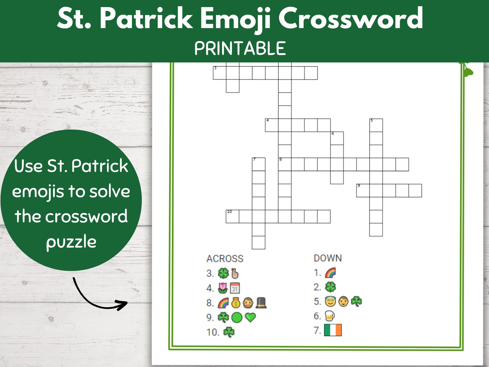 St. Patrick's Day Emoji Crossword Puzzle Game Printable, Kids St. Paddy ...