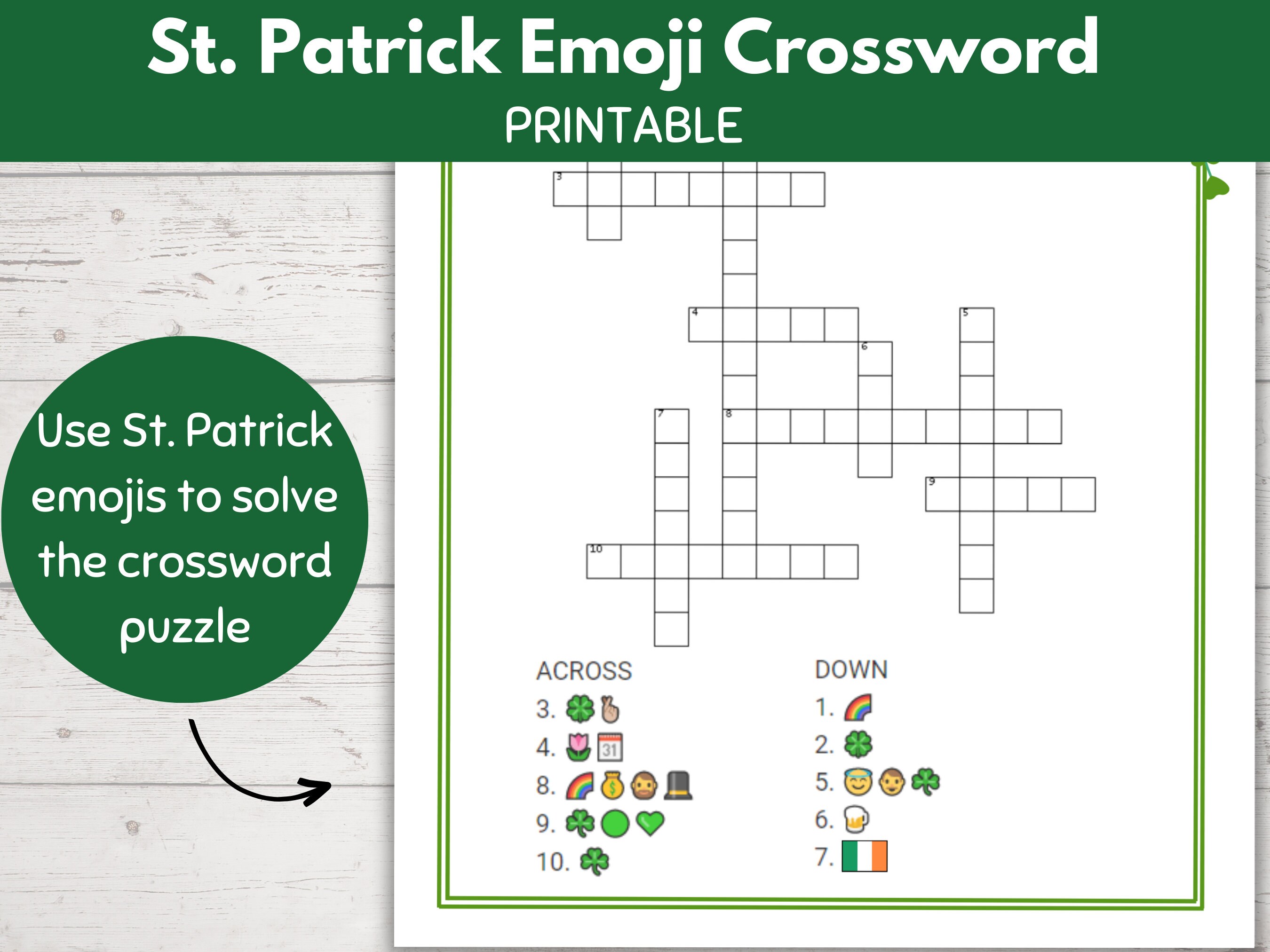 St. Patrick's Day Emoji Crossword Puzzle Game Printable, Kids St. Paddy ...
