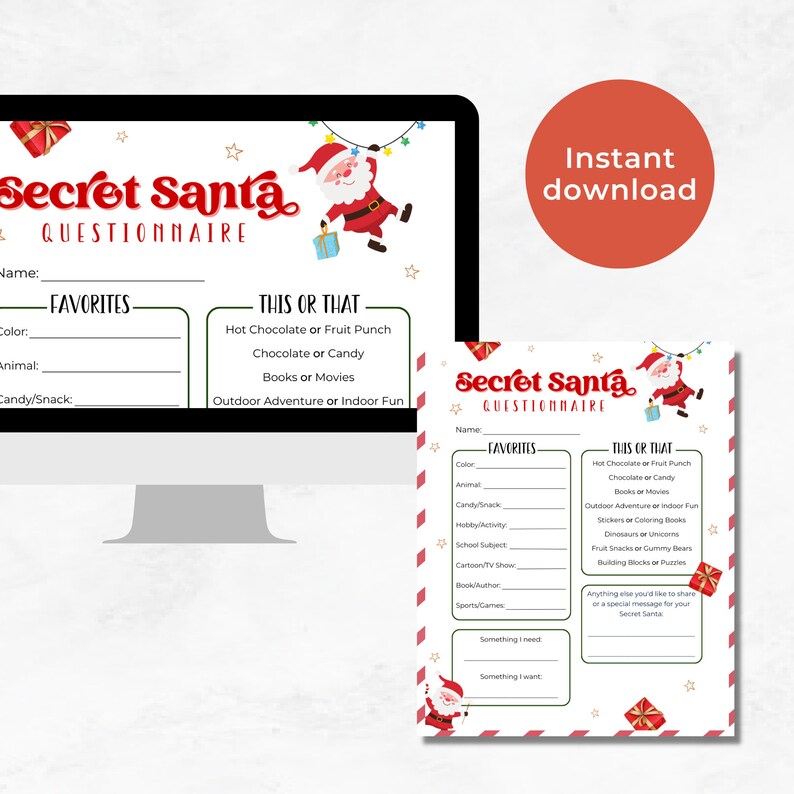 Secret Santa Questionnaire Kids Printable, Teacher Secret Santa Survey ...