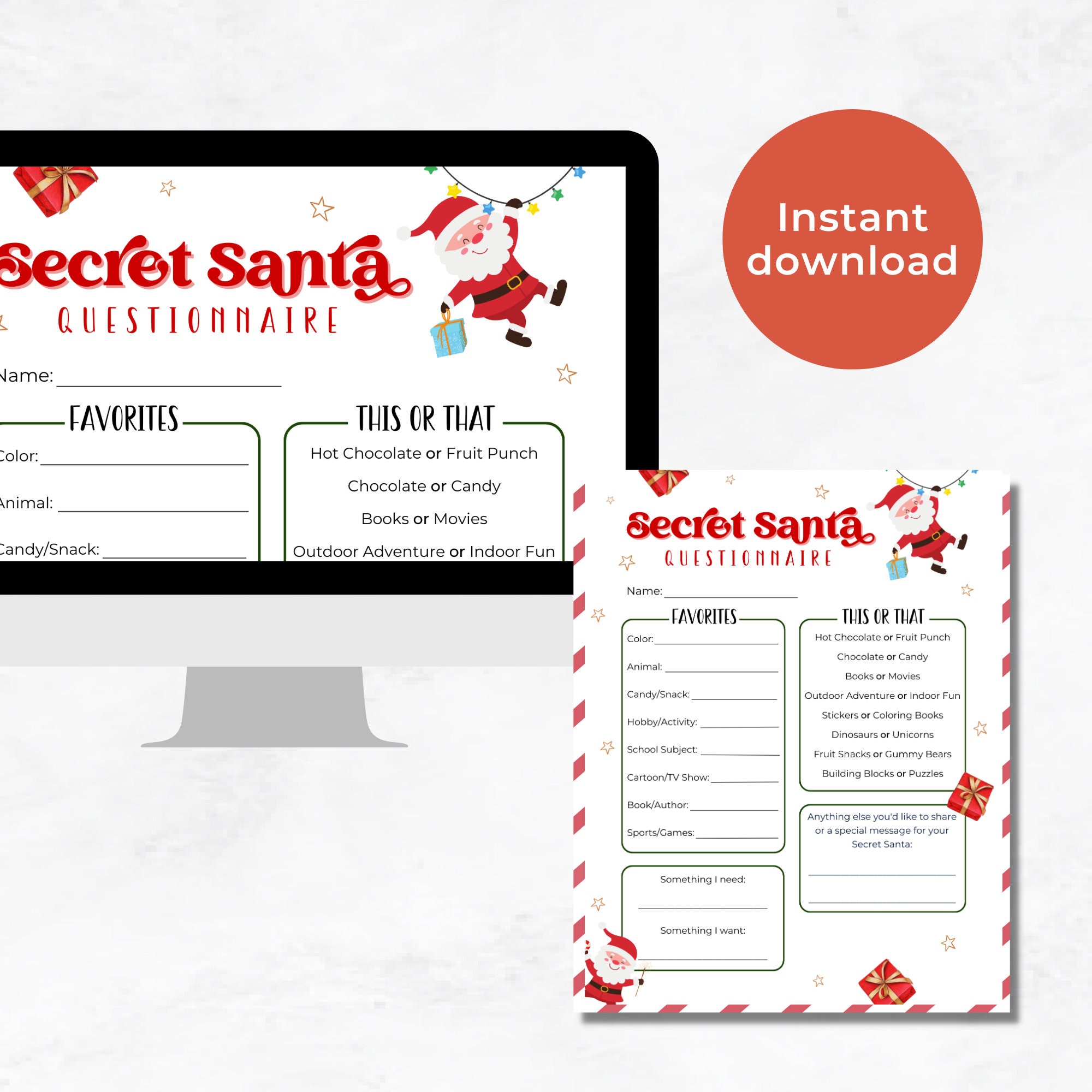 Secret Santa Questionnaire Kids Printable, Teacher Secret Santa Survey ...