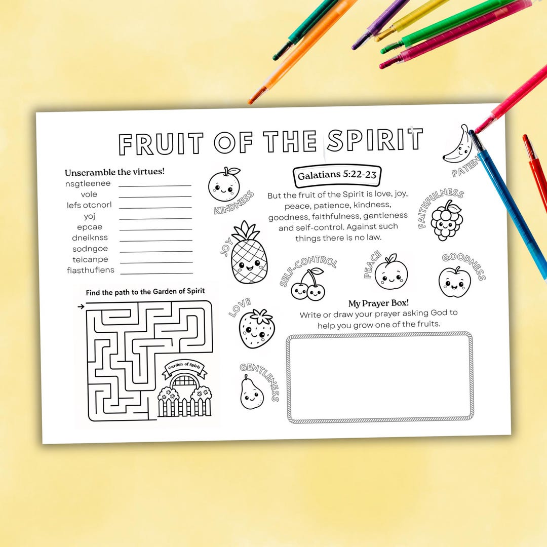 Fruit of the Spirit Activity Placemat, Kids Bible Printable, Sunday ...
