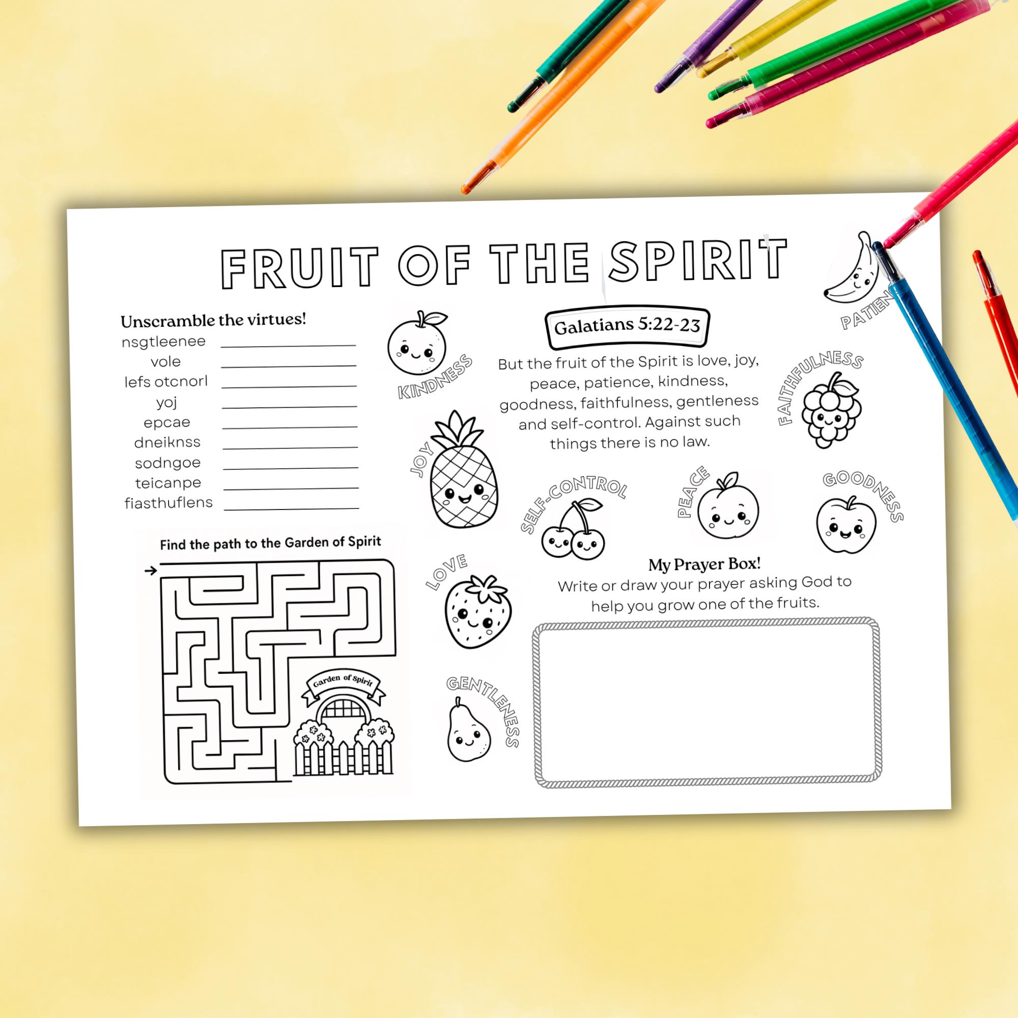 Fruit of the Spirit Activity Placemat, Kids Bible Printable, Sunday ...