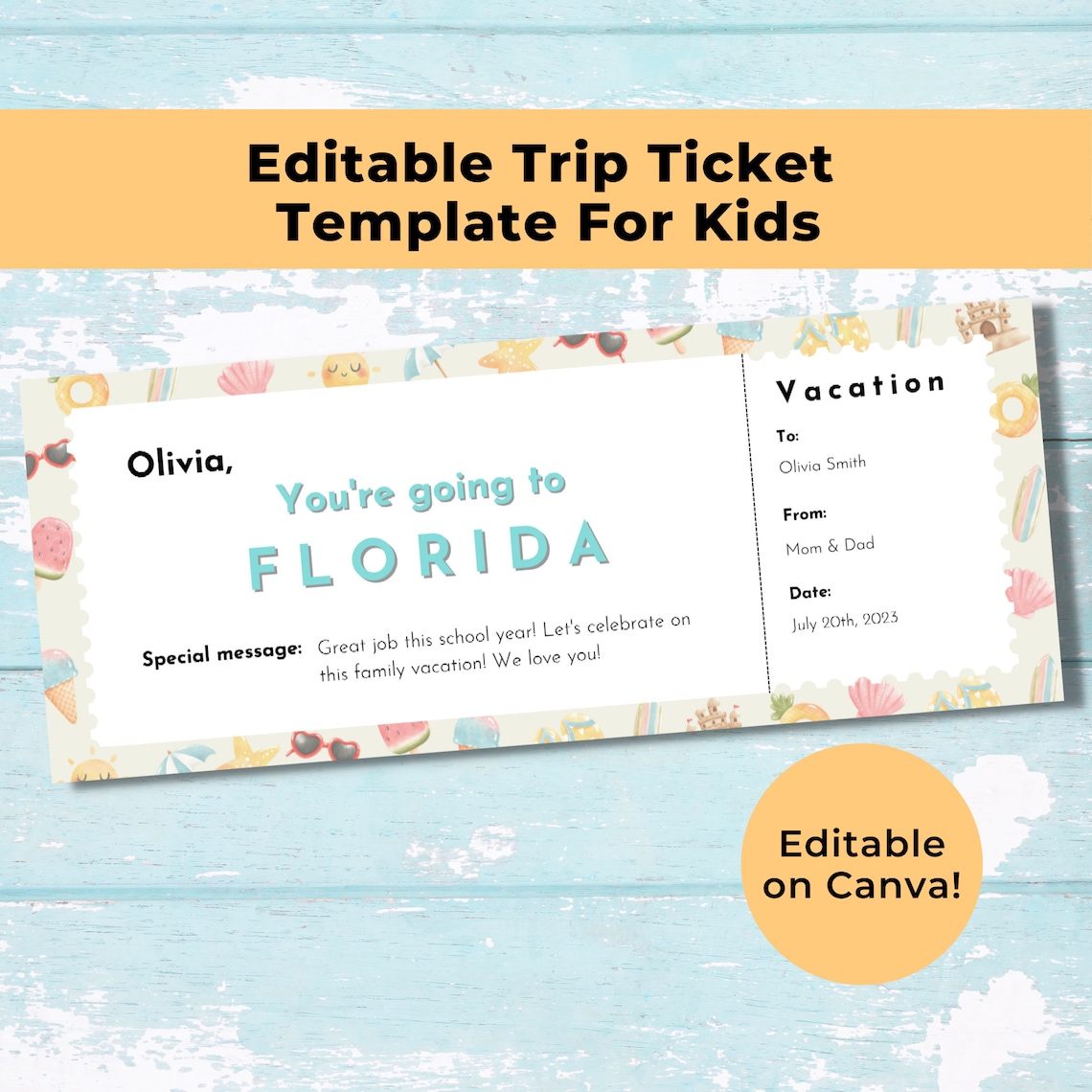 Trip Ticket Template for Kids, Editable Surprise Vacation Gift ...