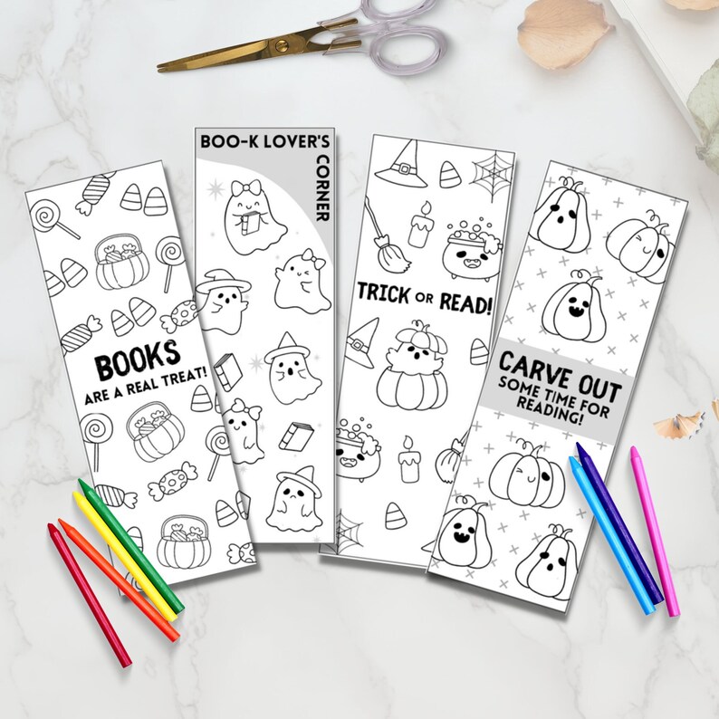 Halloween Printable Coloring Bookmarks Printable, DIY Fall Bookmark Set ...