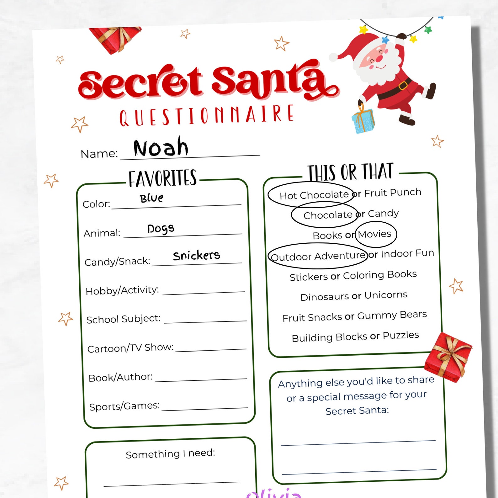 Secret Santa Questionnaire Kids Printable, Teacher Secret Santa Survey ...