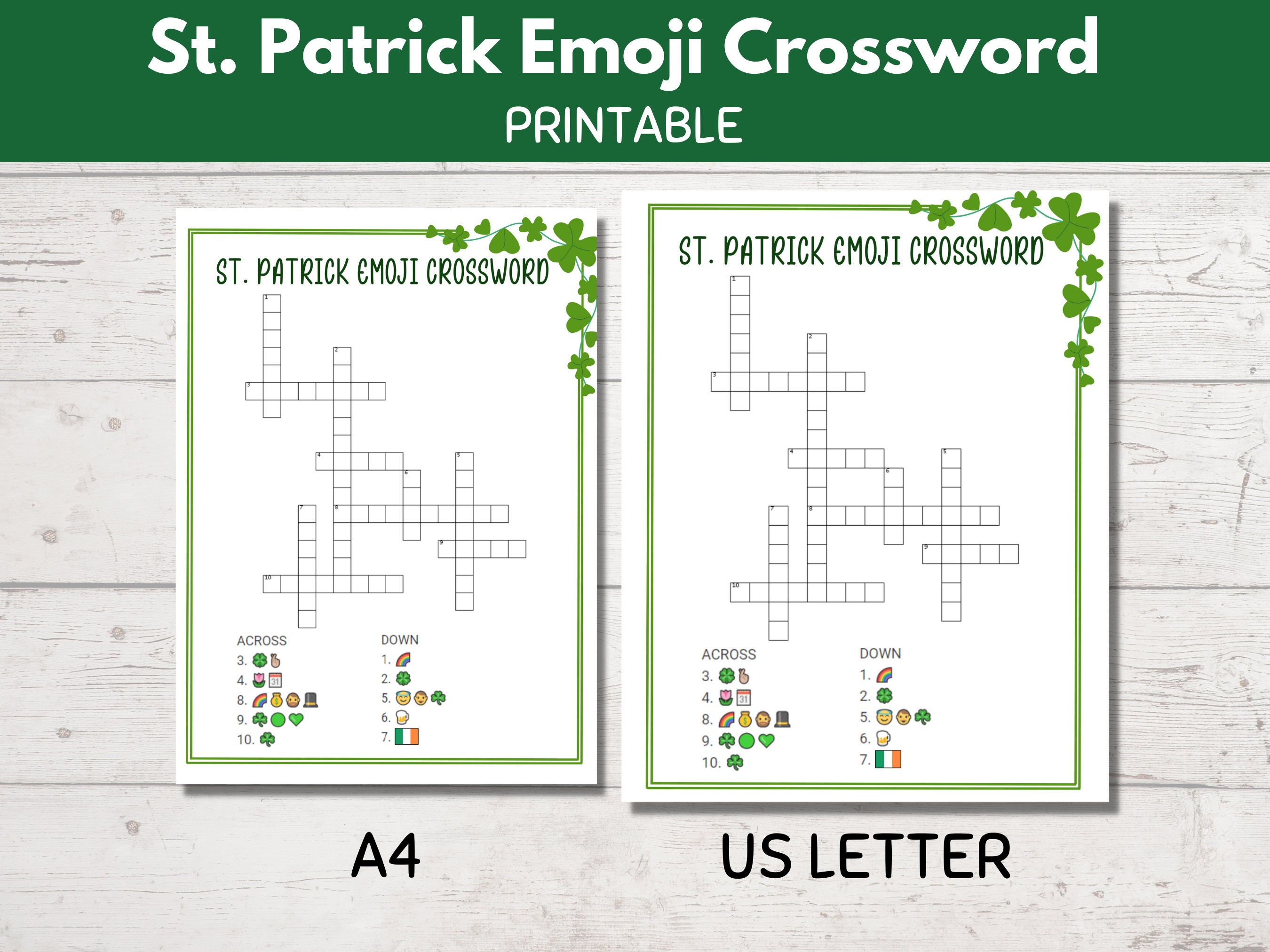 St. Patrick's Day Emoji Crossword Puzzle Game Printable, Kids St. Paddy ...