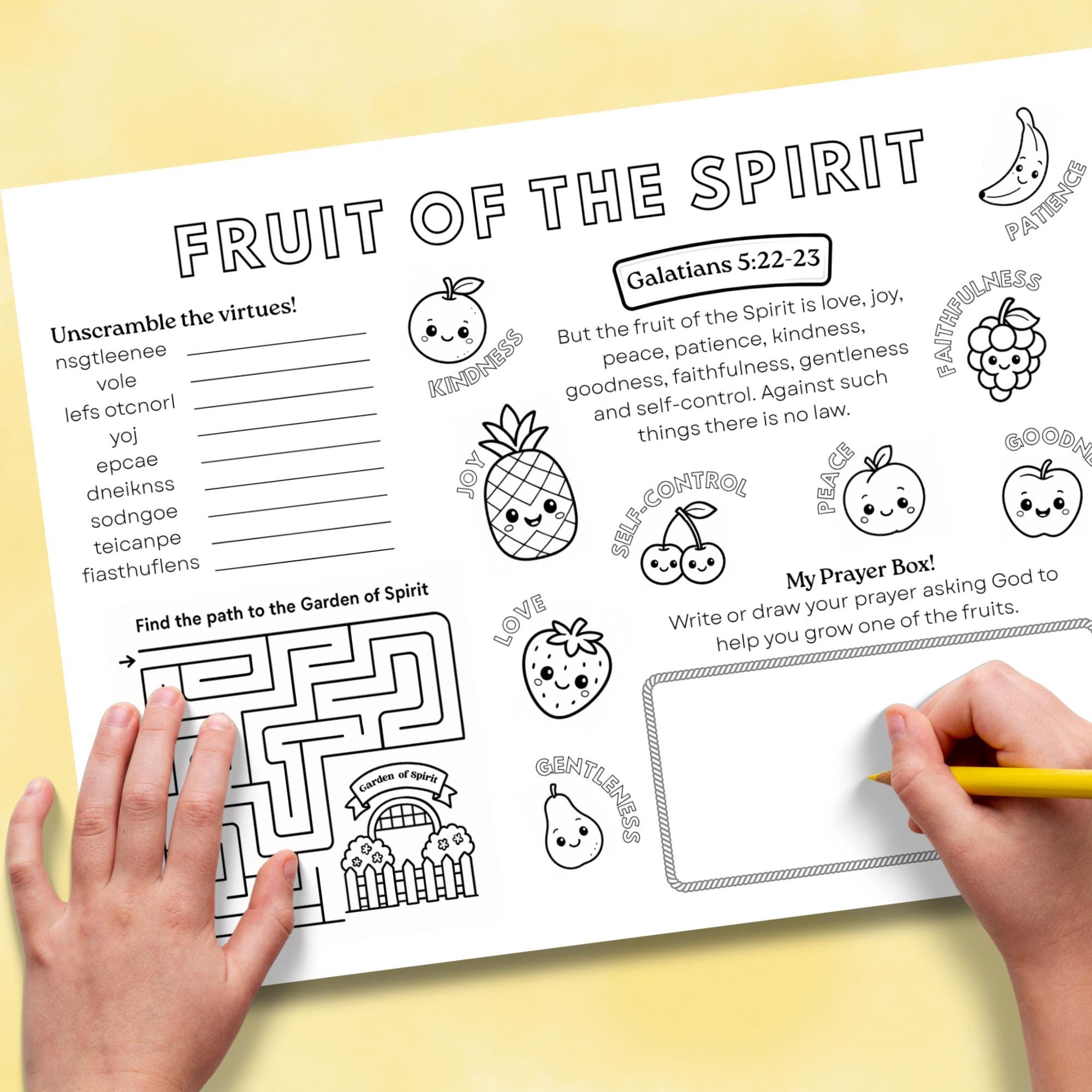 Fruit of the Spirit Activity Placemat, Kids Bible Printable, Sunday ...