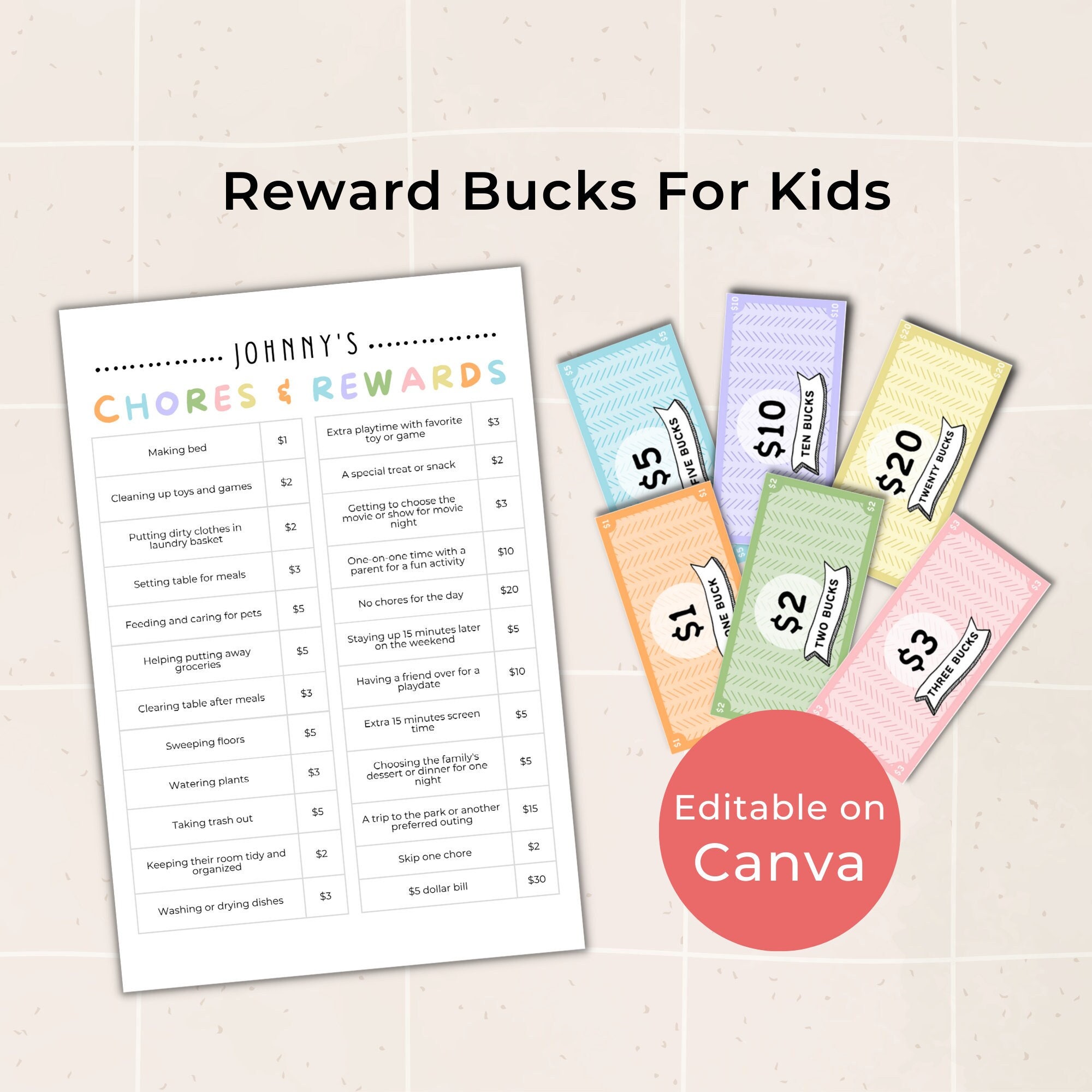 Chore Chart for Kids Earn Money, Editable Chore Planner List, Pretend ...