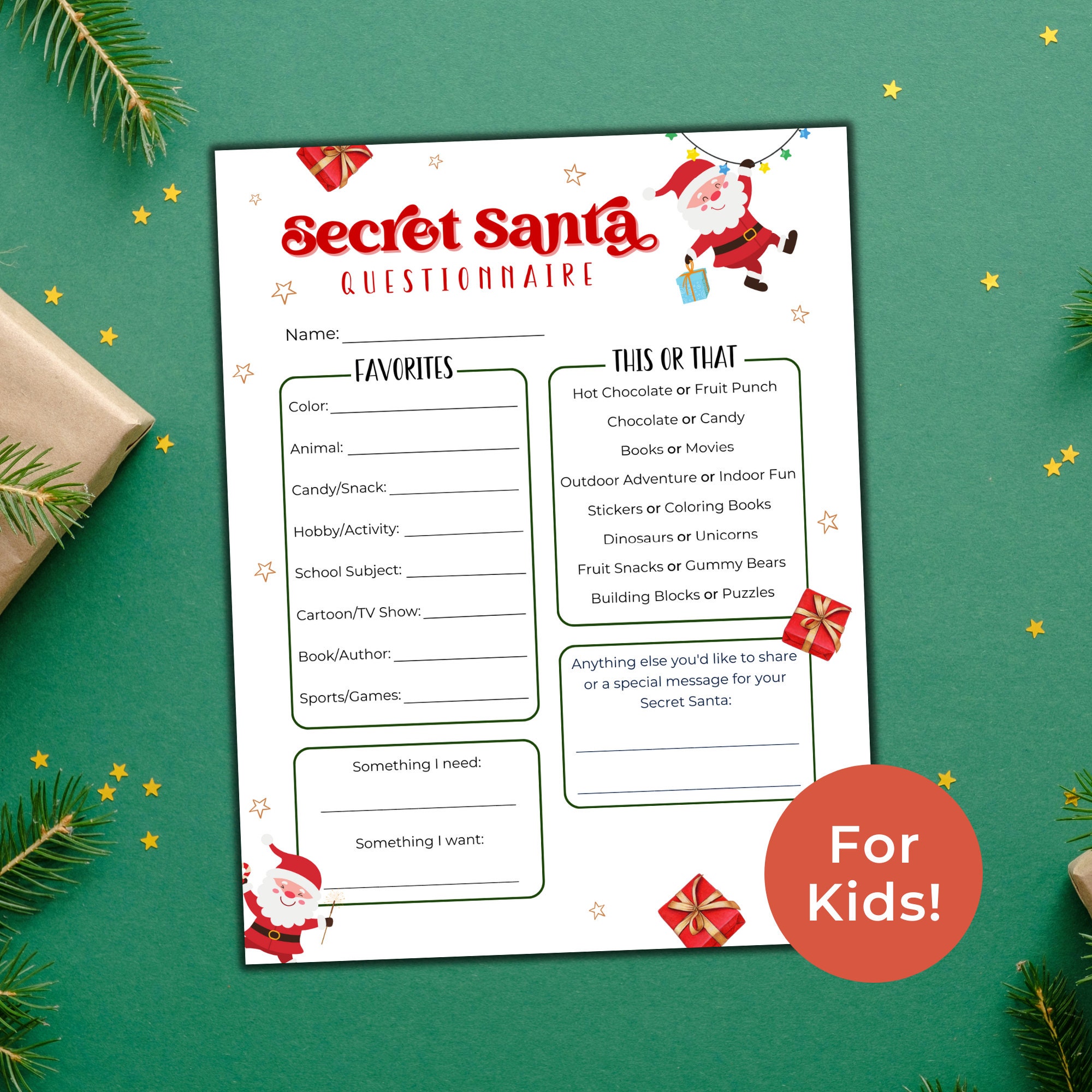 Secret Santa Questionnaire Kids Printable, Teacher Secret Santa Survey ...