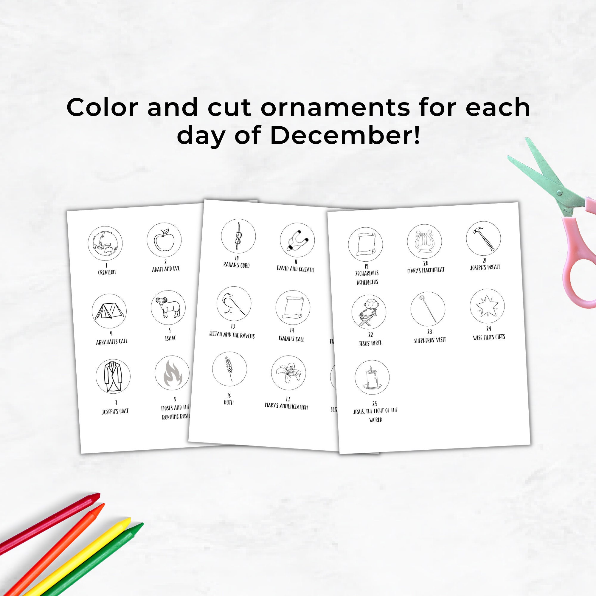 Jesse Tree Printable Activity for Kids, Coloring Ornaments, Christian ...