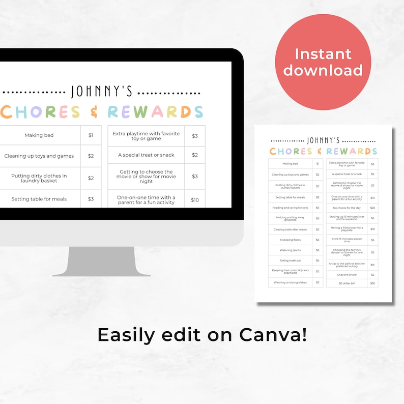 Chore Chart for Kids Earn Money, Editable Chore Planner List, Pretend ...