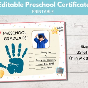 Editable Preschool Graduation Certificate, Handprint DIY Pre-k ...