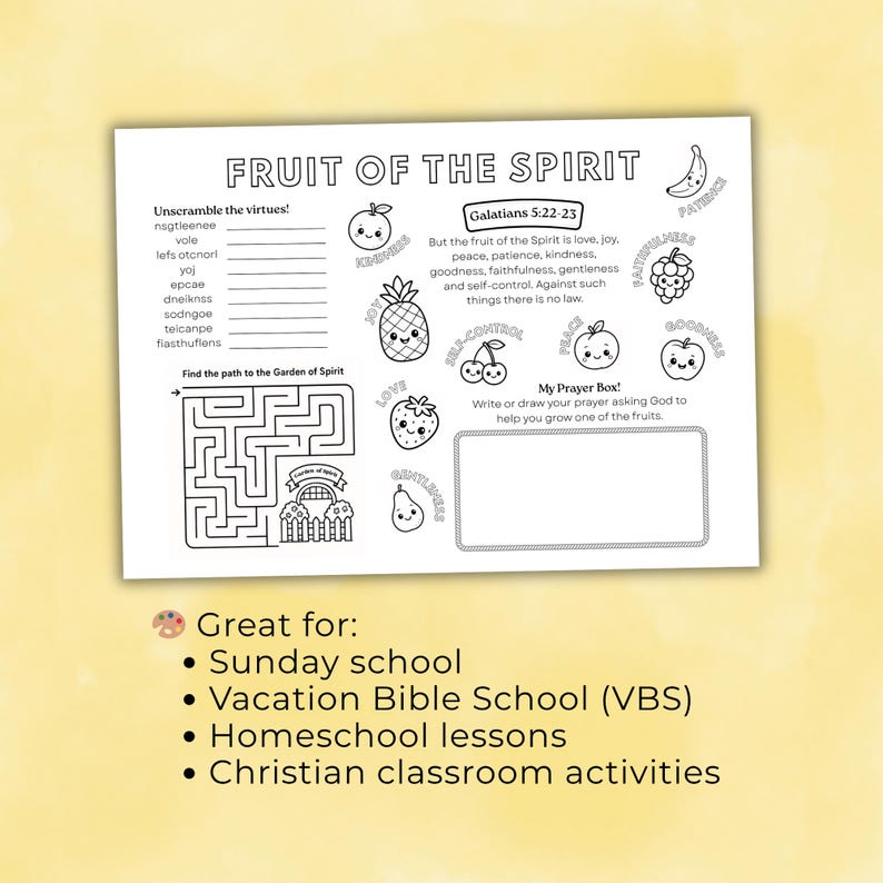 Fruit of the Spirit Activity Placemat, Kids Bible Printable, Sunday ...