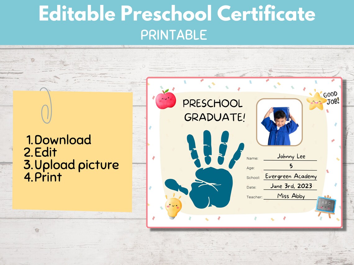 Editable Preschool Graduation Certificate, Handprint DIY Pre-k ...