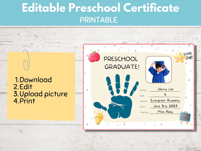 Editable Preschool Graduation Certificate, Handprint DIY Pre-k ...