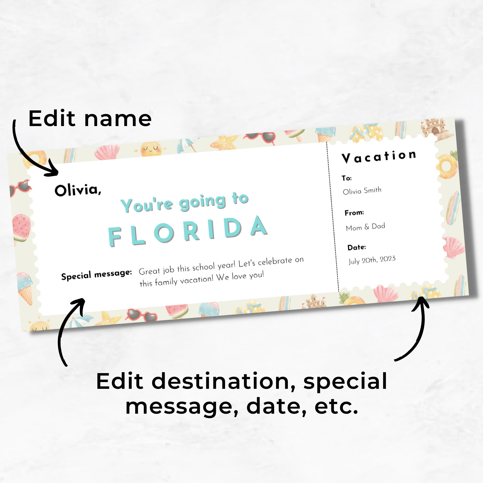 Trip Ticket Template for Kids, Editable Surprise Vacation Gift ...