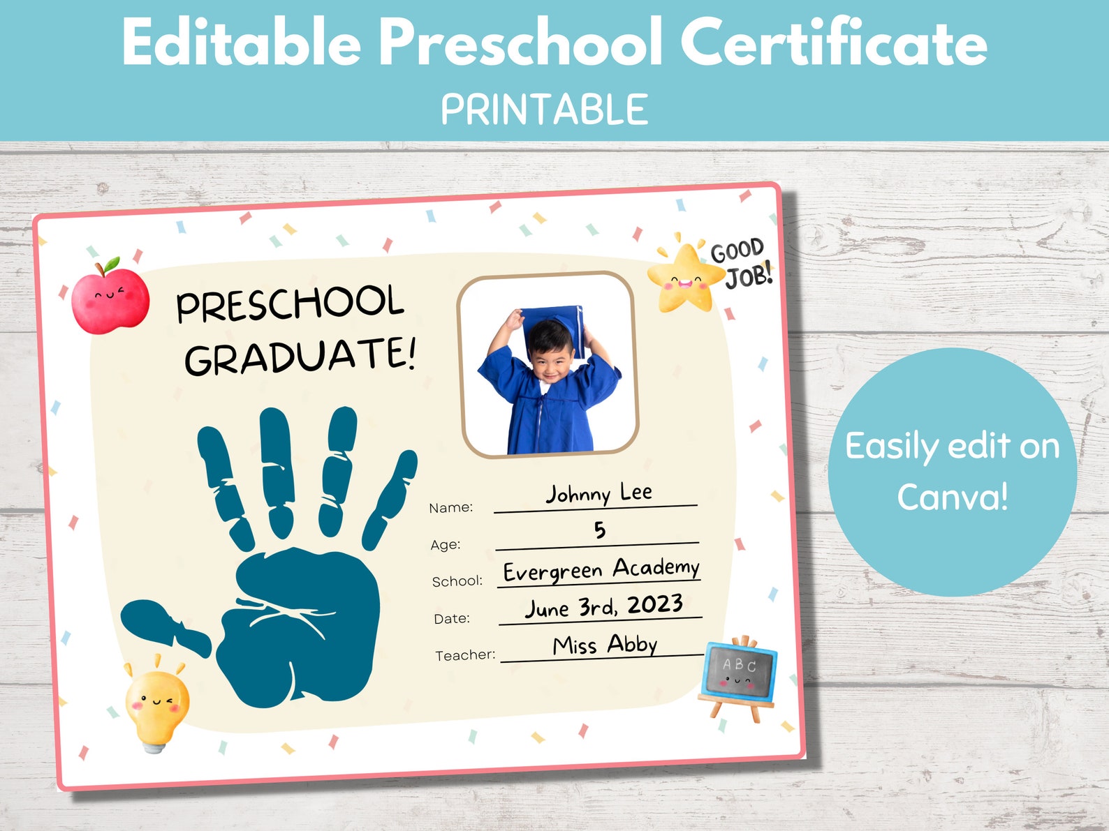 Editable Preschool Graduation Certificate, Handprint DIY Pre-k ...