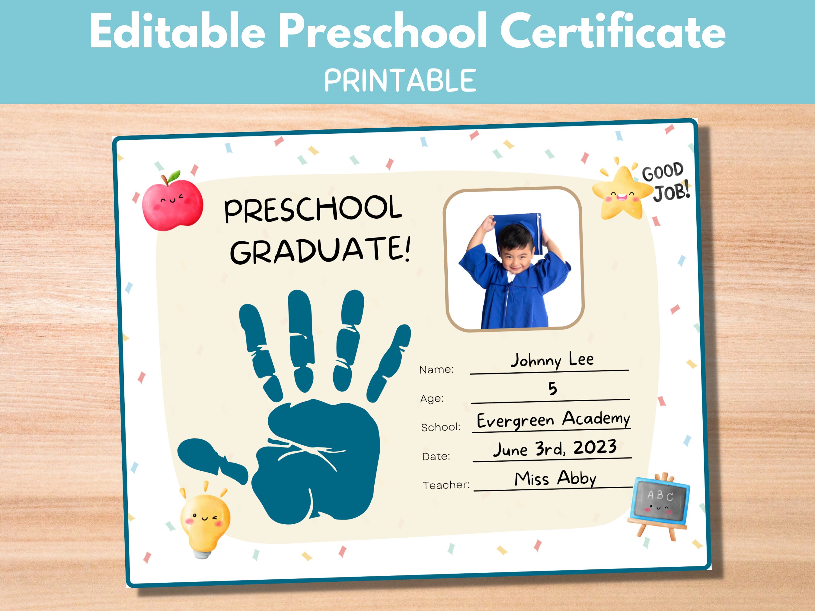 Editable Preschool Graduation Certificate, Handprint DIY Pre-k ...